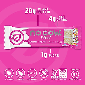 No Cow High Protein Bars, Dipped Birthday Cake - Healthy Snacks, 20g Vegan Protein, High Fiber, Low Sugar, Keto Friendly, Dairy & Gluten Free (12 Count)