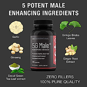 Supernatural Man 5G Male Natural T Booster Enhancing Supplement for Blood Flow, Stamina, Strength & Endurance Ginseng, Garlic, Ginkgo, Ginger Root, Vitamin D - Supports Healthy Males - 30 Capsules
