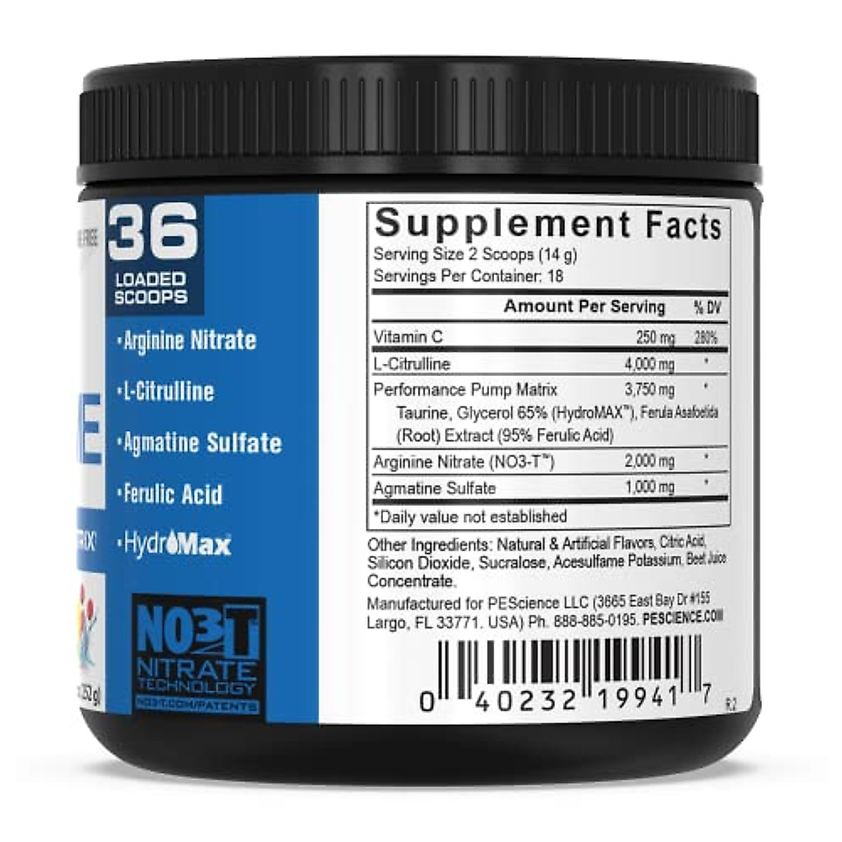 PEScience High Volume Nitric Oxide Booster Pre Workout Powder with L Arginine Nitrate, Raspberry Lemonade, 36 Scoops, Caffeine Free