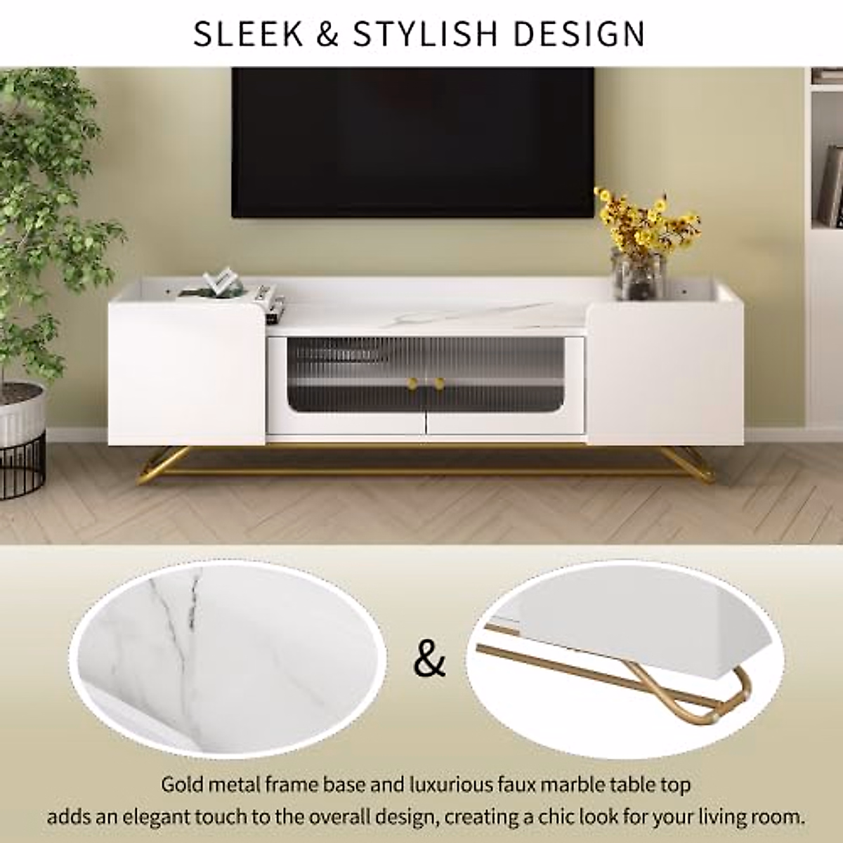 FridayParts Sleek Design 63.07" TV Stand with Fluted Glass, Contemporary Entertainment Center for TVs Up to 65", Faux Marble Top TV Console Table with Gold Frame Base, White