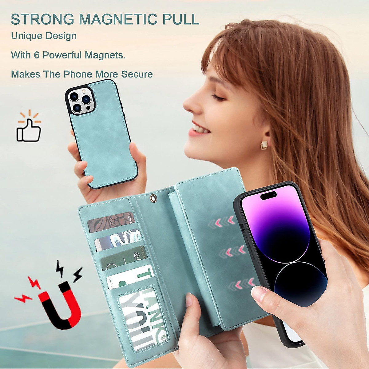 TwoHead Wallet Case Compatible with iPhone 15 Pro Max,Detachable Magnetic Phone Case,All-Round Shockproof Protective Leather Phone Case with Card Holder,6.7 in,Blue