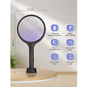 YISSVIC Electric Fly Swatter 4000V Bug Zapper Racket Dual Modes Mosquito Killer with Purple Mosquito Light Rechargeable for Indoor Home Office Backyard Patio Camping