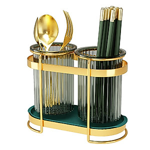 Esusom Utensil Holder 2-slot for Kitchen Countertop or Table, Plastic Silverware Storage Organizer Caddy Wall Mount or Stand, Anti-Rust Cutlery Holder for Spoons, Forks, Knives and Chopsticks