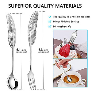 Teaspoons & Dessert Forks Set Feather Shape 18/10 Stainless Steel, Cute Silver Espresso Flatware Set for Dessert Coffee Ice Cream Pudding Condiment, 4pcs Tea Stirring Spoons & 4pcs Appetizer Forks