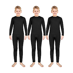 Silkfly 3 Set Boys Thermal Underwear Set Base Layer Fleece Lined Long Underwear for Kids Shirt and Pants Set for Boys Winter (Black, Medium)