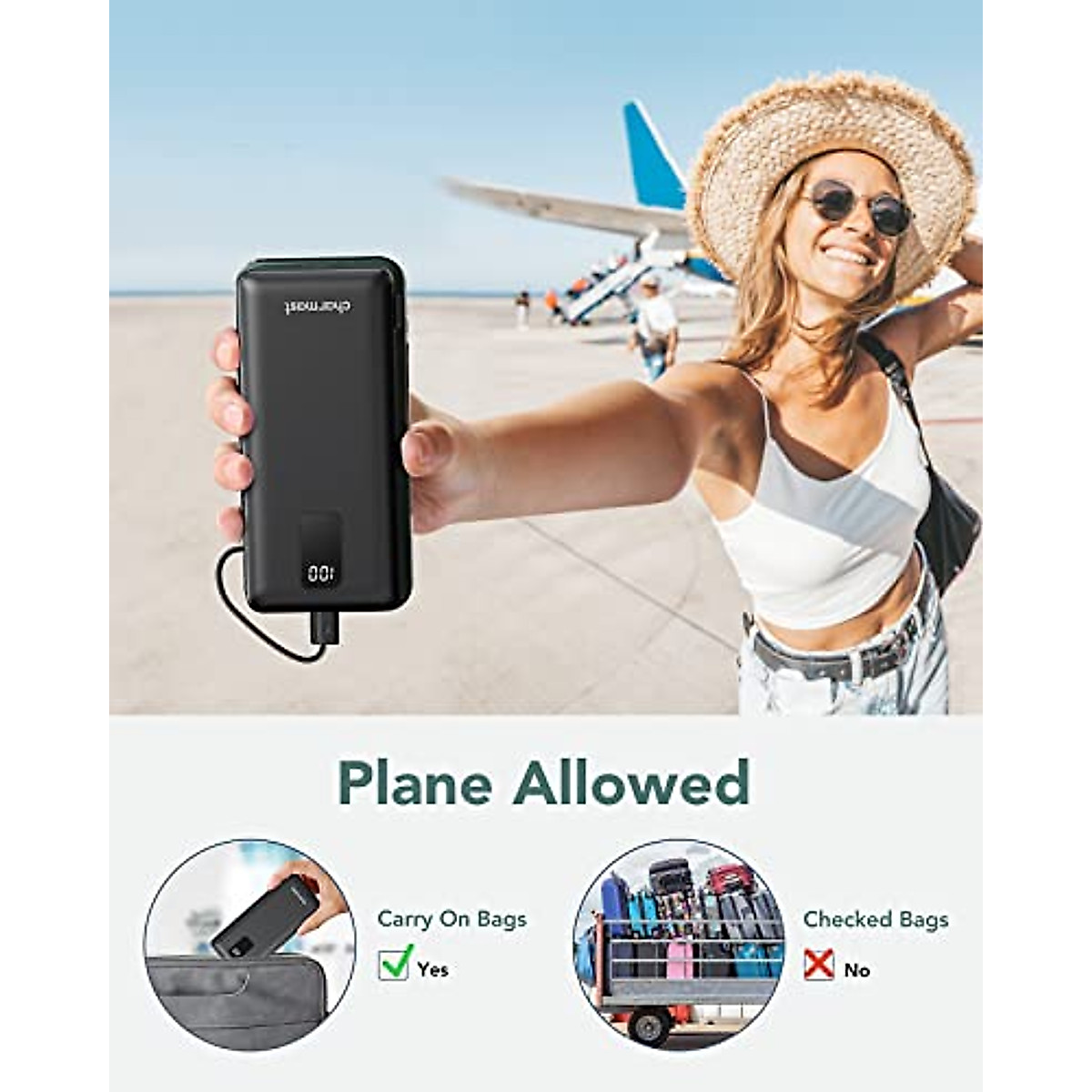 Charmast Portable Charger with Built-in Cables, 10000mah Power Bank, 5 Output Ultra Slim LED Display, Built-in AC Plug, USB C & Micro, Three Cables Integrated Battery Pack for iPhone Samsung iPad