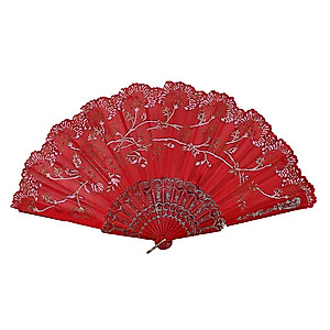 Best Chinese Style Dance Wedding Party Lace Silk Folding Hand Held Flower Fan - HHmei Fan, Decorative Fan, Retro Fan, Dance Fan, Gilded (White)