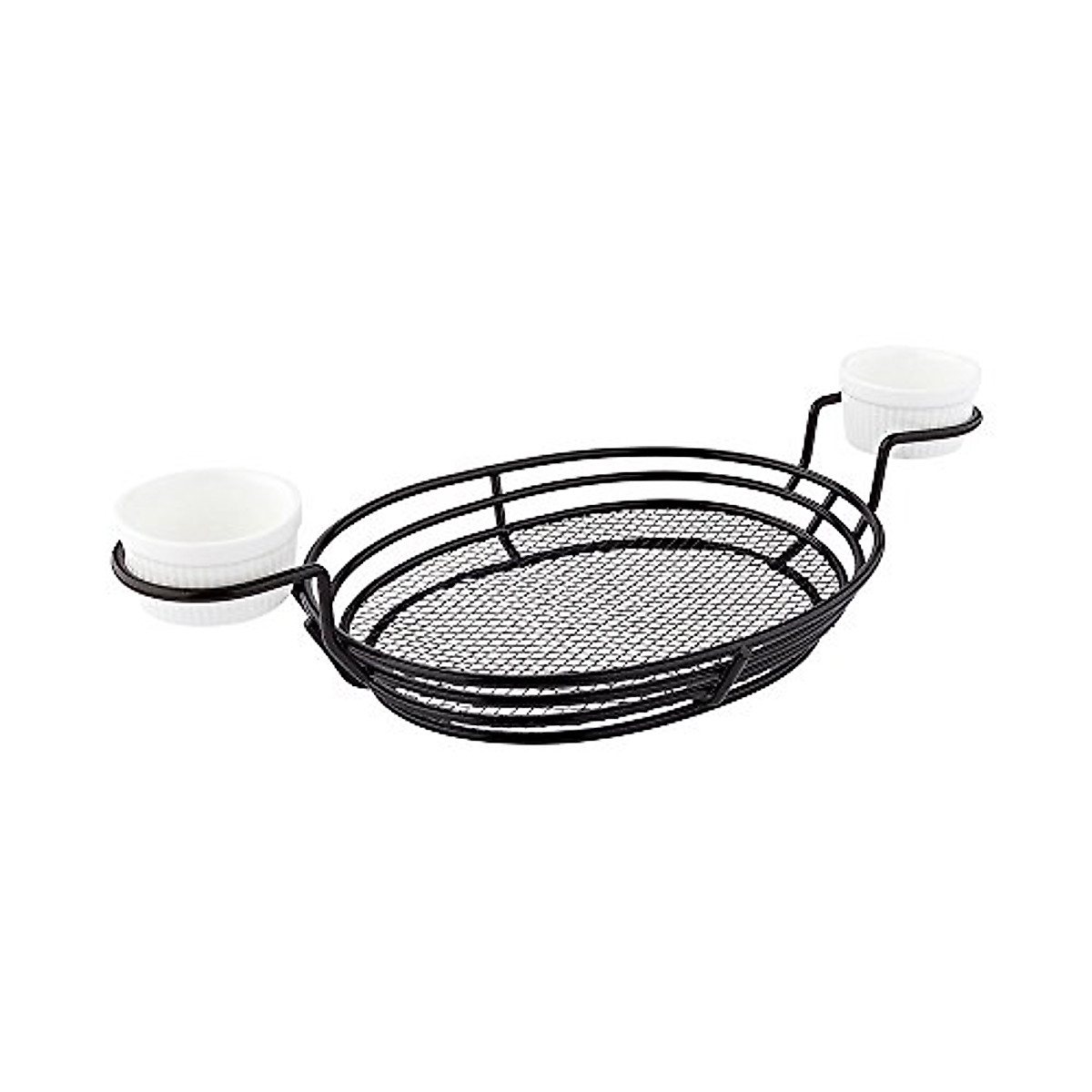 Restaurantware 13 x 6 x 2.2 In Restaurant Basket, 1 Oval French Fry Basket - With 2 Ramekin Holders, Reusable, Black Iron Serving Baskets, For Chicken Tenders, Hot Dogs, Wings, Or Onion Rings, Durable