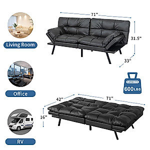 MUUEGM 71" Sofa Bed with Memory Foam,Futon Sofa Bed with Adjust Backrest and Armrest, Couches for Living Room,Studios, Apartments, Dormitories, Offices and Game Rooms. Matt Black Leather Sofa