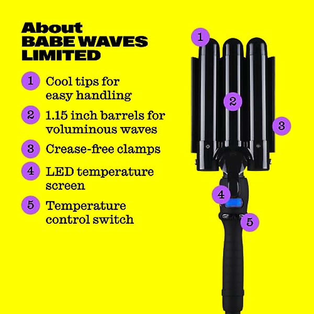 Trademark Beauty Babe Waves Limited Edition - Three Barrel Curling Iron, Hair Waver Tool, Adjustable Temperature, Ceramic Wand, 1.1 Inch, 28mm - Black