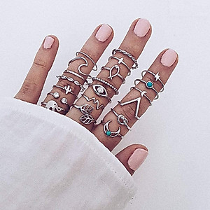 FUTIMELY 19PCS Boho Turquoise Knuckle Stacking Rings for Women Vintage Stackable Star Moon Wave Peak Sea Rhinestone Joint Midi Finger Rings Set (F:20Pcs)