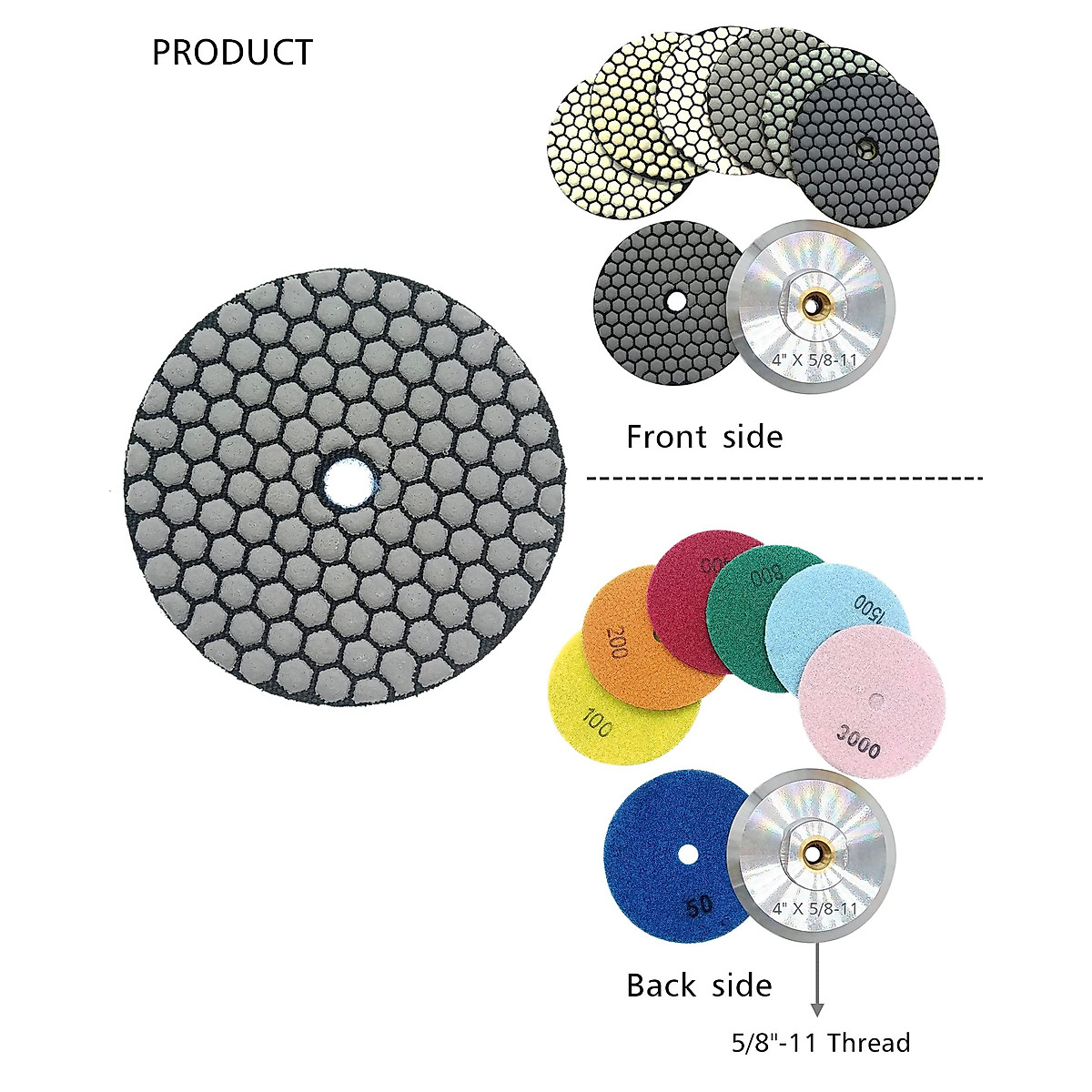 ComeFloor Dry Diamond Polishing Pads for Granite Marble Stone 4 Inch Set 7 Pieces Grinding Pads Plus a Alu Backer Pads