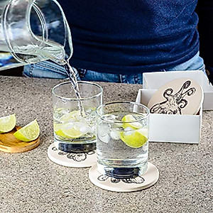 Octopus Coasters - Octopus Table - 6 Octopus Coasters for Drinks - Nautical Coasters Stone Absorbent Beige Ceramic 4.13 inch - Beach Theme - Coastal Coasters - Steampunk Coasters Set Gift