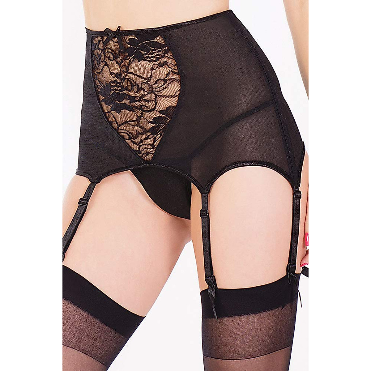 Plus Size Garter Belt - High-waisted Sheer Lace Garter Belt with 6pcs Garters, Hooks and G-string for Women, Sexy Panties, underwear, lingerie (Black, XL)