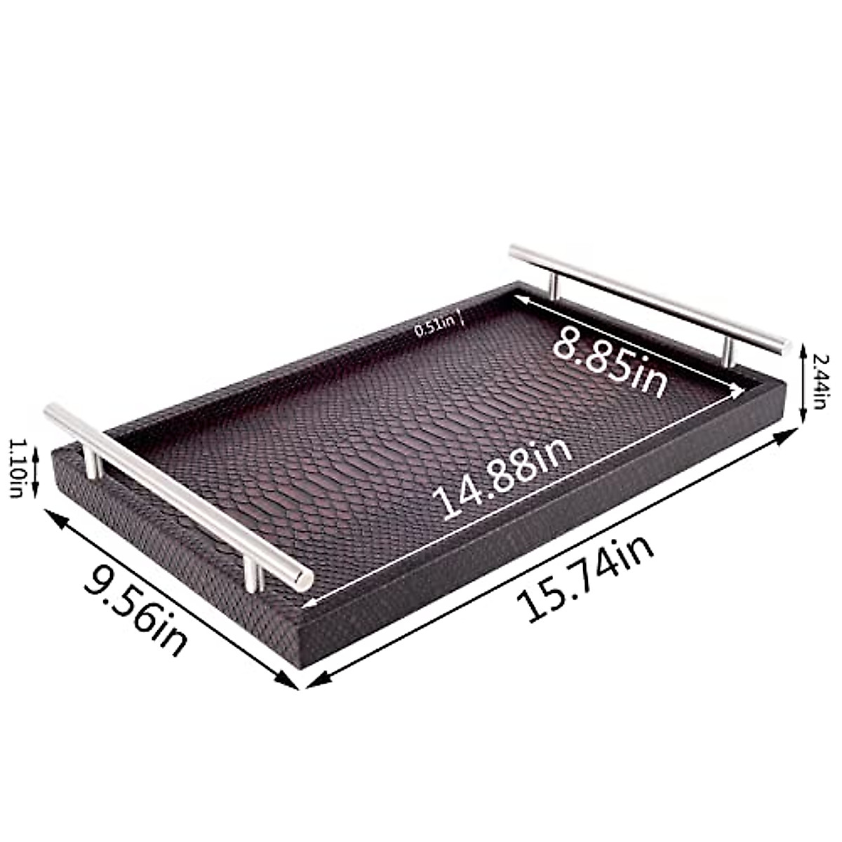 Faux Leather Rectangle Serving Tray with Polished Silver Metal Handle for Coffee Table,Cup,Fruit,Food Tidy Up Container,Console Table Living Room Kitchen Serve Tray,Home Decoration Tray (Brown)