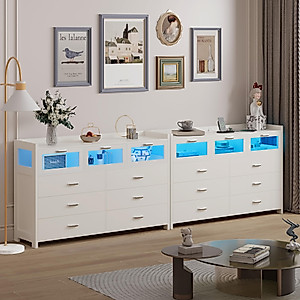 Whalefall White Dresser for Bedroom with 9 Drawers, Chests of Drawers with LED Lights and Charging Station, Modern Dresser with 3 Visual Drawers, Wood Wide LED Dresser for Bedroom, Closet,Entryway