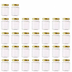 Encheng 4 oz Clear Hexagon Jars,Small Glass Jars With Lids(Golden),Mason Jars For Herb,Foods,Jams,Liquid,Spice Jars For Storage 30 Pack