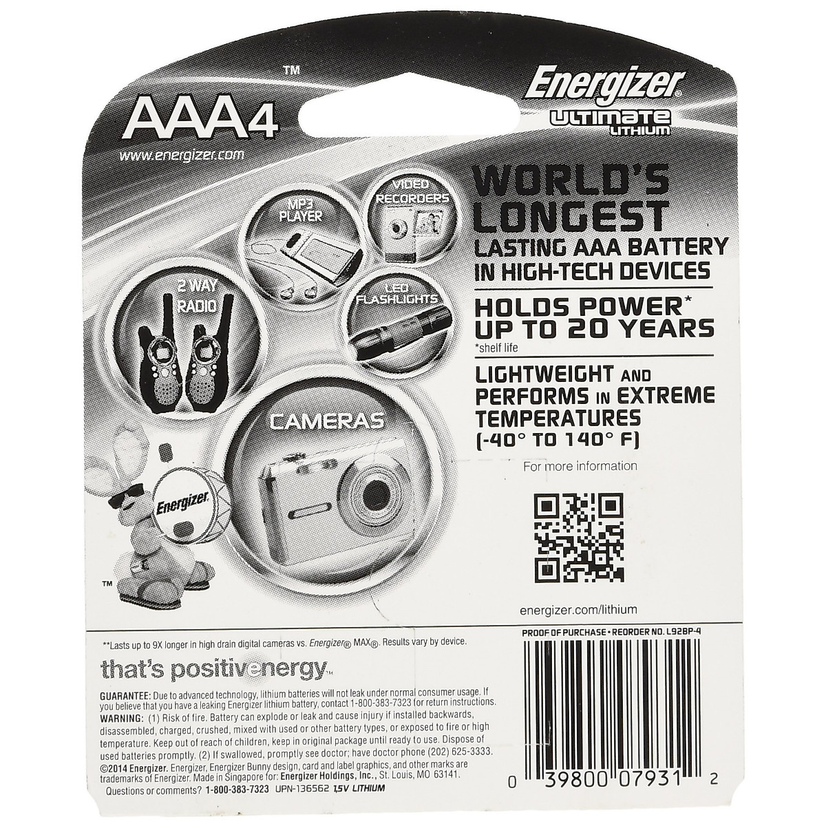 Energizer L92BP-4 Ultimate Lithium AAA Batteries, World’s Longest-Lasting AAA Battery in High-Tech Devices (4 Pack)