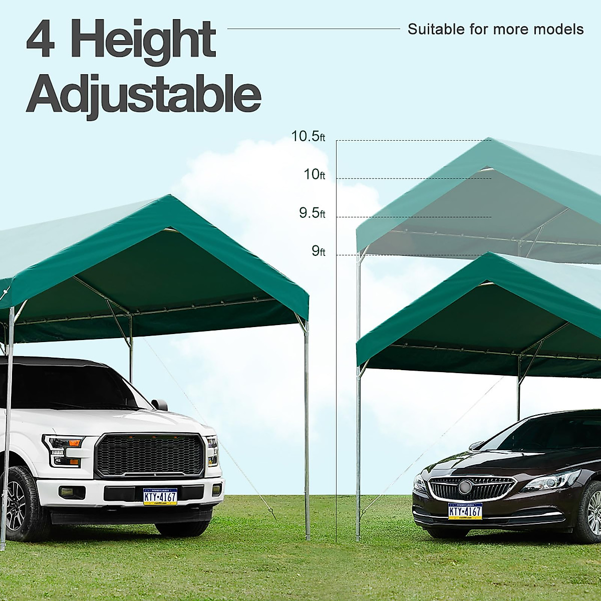 FINFREE 10 x 20 ft Heavy Duty Carport Car Canopy, Garage Shelter for Outdoor Party, Birthday, Garden, Boat, Adjustable Height from 9.5 ft to 11 ft,Green