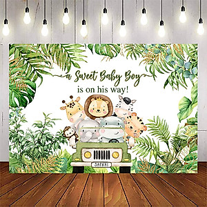 Avezano Jungle Safari Baby Shower Backdrop Safari Animals Boy Baby Shower Party Background Decorations Tropical Green Leaves Safari Oh Baby Shower Banner Supplies(7x5ft)