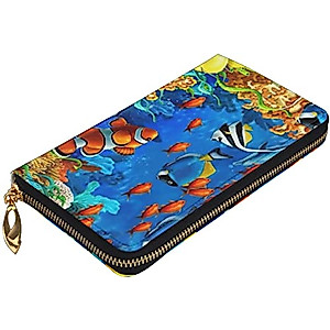 Fishes in Sea Tropical Leather Wallet Long Clutch Purse Fashion Wristlet Handbag