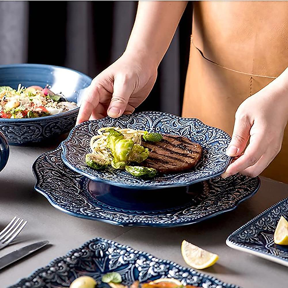 Chip Dinnerware,Kitchen Tableware Set,Ceramics Dinnerware Sets, Plates and Bowls Sets | 12 Pcs Blue Underglaze Dishes Set - Mexican Dinnerware for Restaurant Family Party