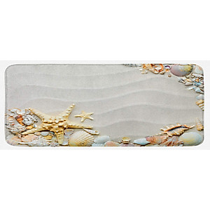 Ambesonne Starfish Kitchen Mat, Seacoast with Sand with Colorful Various Seashells Tropics Aquatic Wildlife Theme, Plush Decorative Kitchen Mat with Non Slip Backing, 47" X 19", White Coral