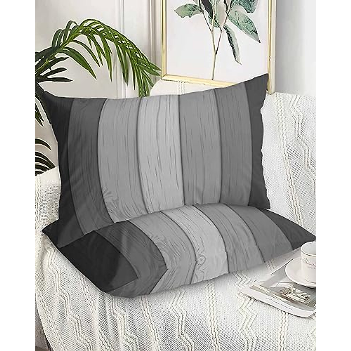 Edwiinsa Black Grey Ombre Pillow Covers King Standard Set of 2 20x36 Bed Pillow, Farmhouse Rustic White Wooden Striped Plush Soft Comfort for Hair/Skin Cooling Pillowcases with Envelop Closure