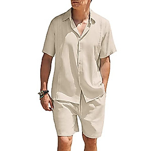 COOFANDY Men Linen Beach Outfit Summer Cuban Button Down Shirt and Short Set