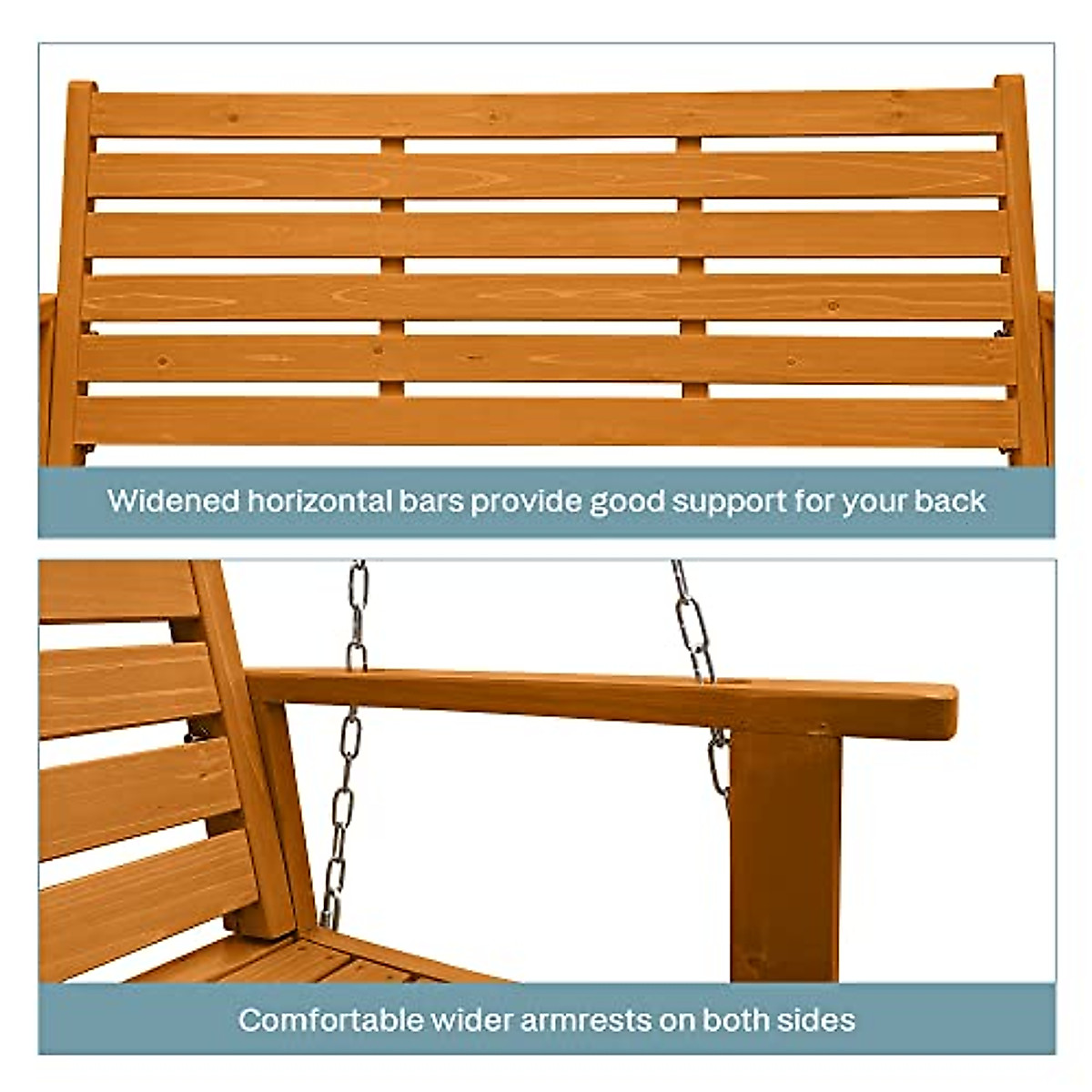 Wooden Porch Swing, Ergonomic Seat, Bench Swing with Hanging Chains and 7mm Springs, Heavy Duty 800 LBS, for Outdoor Patio, Garden, Yard (Golden Honey)