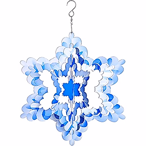 Christmas 3D Snowflake Wind Spinner, Stainless Steel Wind Spinner Christmas Wind Spinner Hanging Wind Chime with Swivel Hook for Indoor Outdoor Garden Decoration, 12 Inch White