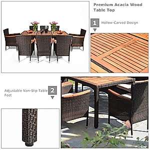 ReunionG 9PCS Outdoor Patio Dining Set, Garden Rattan Wick Furniture Set w/Acacia Wood Table and Stackable Armrest Chairs, Garden Dining Set for Patio, Poolside, Balcony and Indoor, Cushions Included