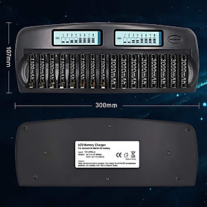 Tenberly 16 Bay Smart LCD Battery Charger for AA AAA 1.2V NIMH NICD Rechargeable Battery with AC Wall Adapter