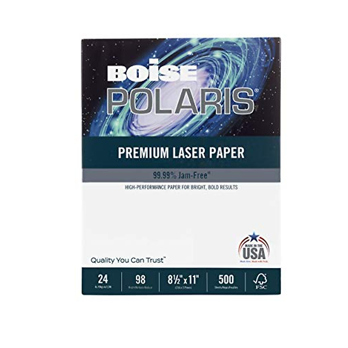 BOISE POLARIS Premium Laser Paper, 8.5" x 11" Letter, 98 Bright White, 24 lb., 8 Ream Carton (4,000 Sheets)