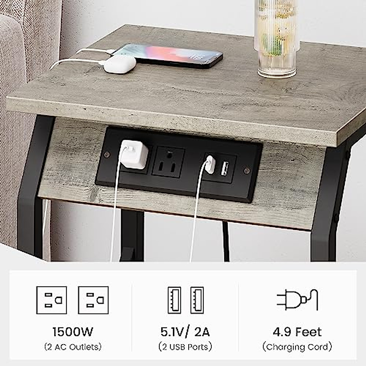 Amyove Charging Station End Table, Grey