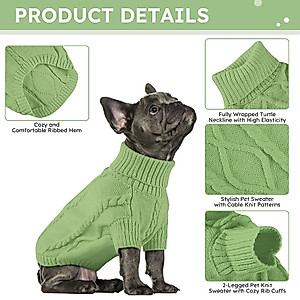 Queenmore Small Dog Pullover Sweater, Cold Weather Cable Knitwear, Classic Turtleneck Thick Warm Clothes for Chihuahua, Bulldog, Dachshund, Pug, Yorkie (Green, Small)