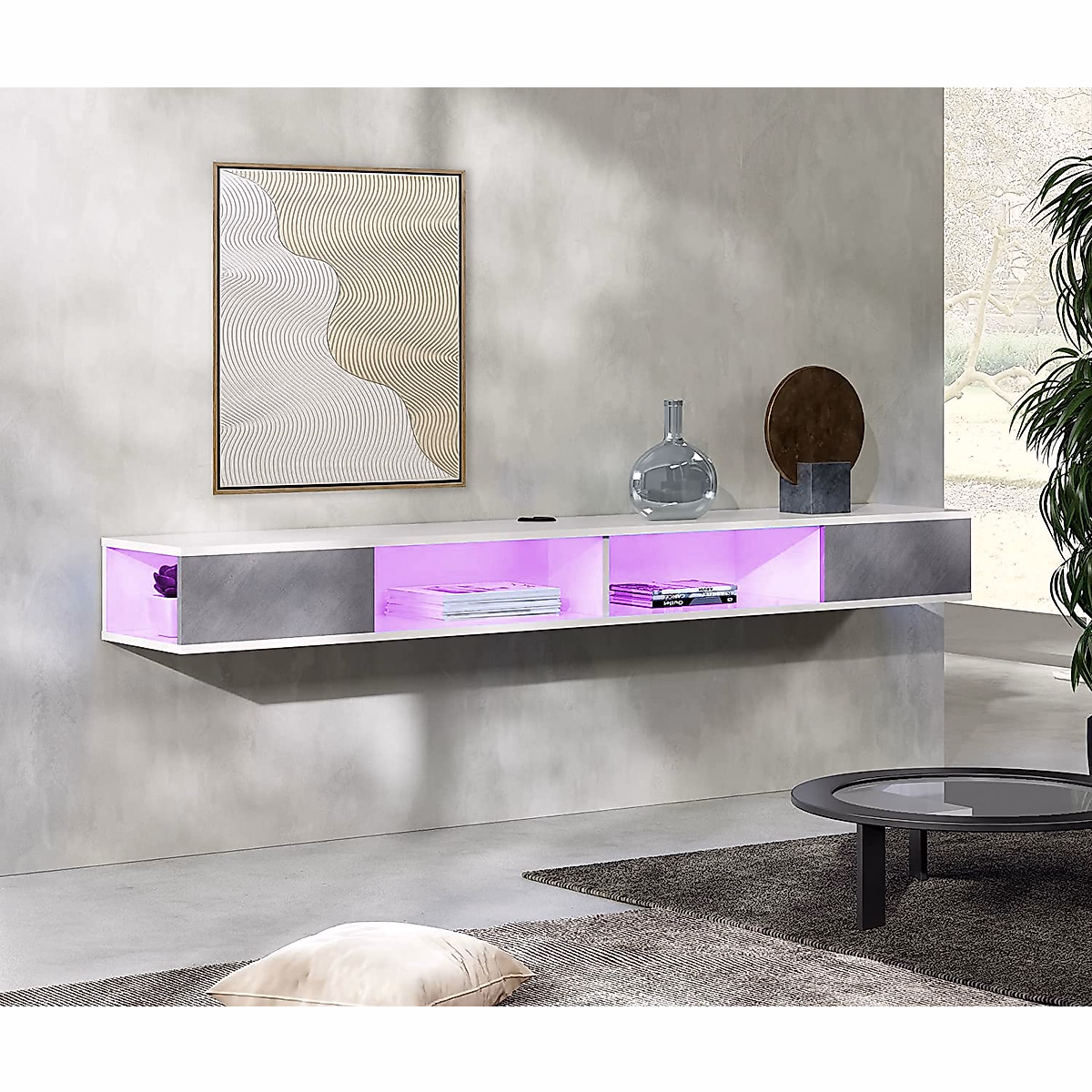 WAMPAT Floating 70 inch TV Stand with 16-Color LED Lights, Entertainment Center Media Console, Wall Mounted Shelf Media Console Cabinet with Storage for 65/70/75 Inch TVs, White&Grey