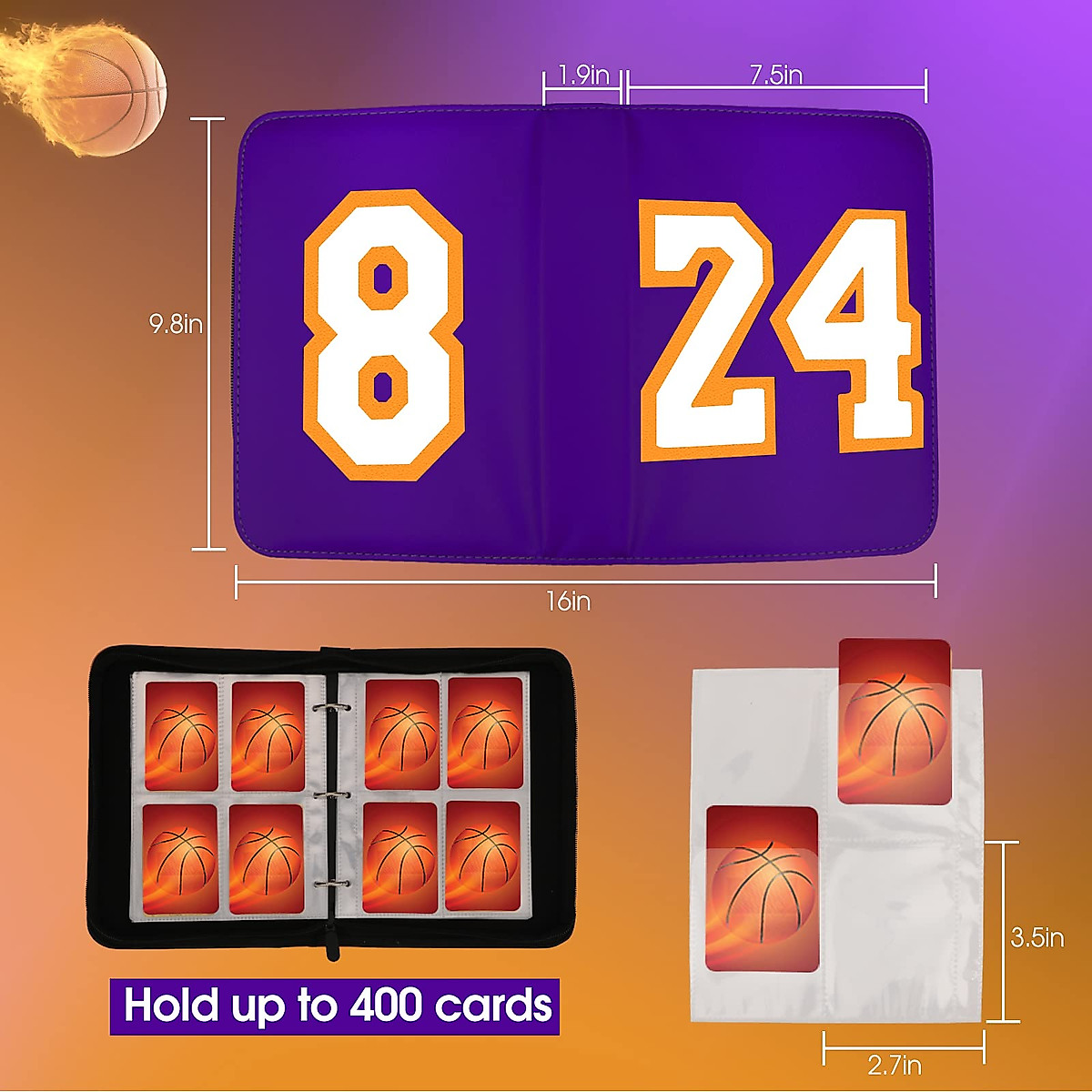 Basketball Card Binder 4 Pocket, 8#24 Sports Trading Card Holder with 50 Removable Sleeves Fits 400 Cards, Basketball Card Collection Album Storage Case Book Protectors for Kids Gift (Purple)