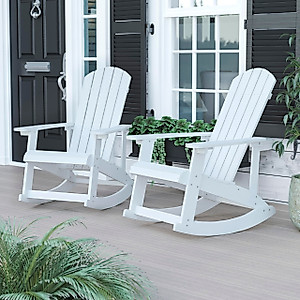 BizChair Poly Resin Wood Adirondack Rocking Chair - All Weather White Polystyrene - Stainless Steel Hardware - Set of 2
