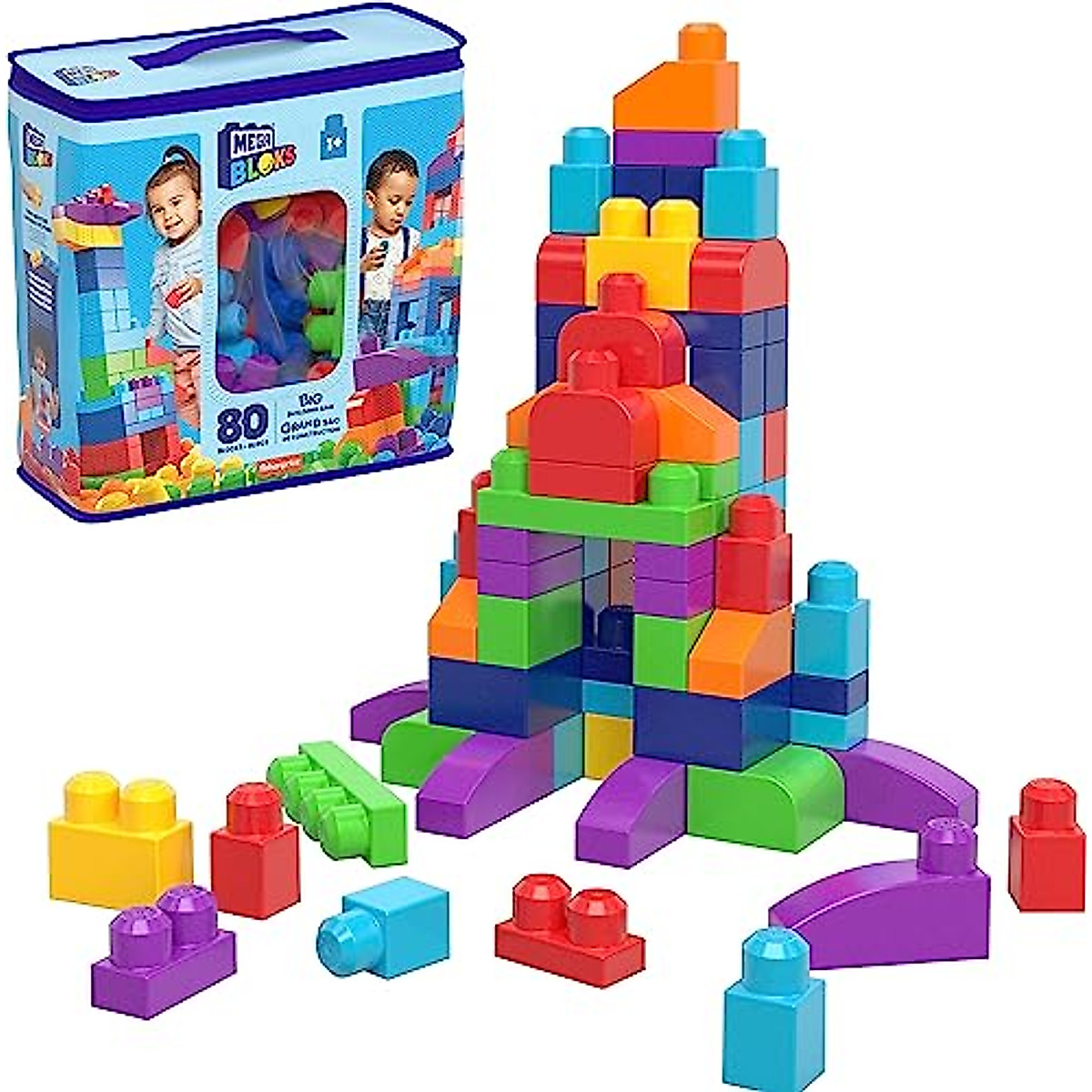 MEGA BLOKS Fisher-Price Toddler Block Toys, Big Building Bag with 80 Pieces and Storage Bag, Blue, Gift Ideas for Kids Age 1+ Years