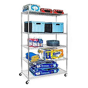 Seville Classics Ultradurable Commercial Grade Nsf Certified Steel Wire Wheels Organizer for Garage, Warehouse, Office, Restaurant, Classroom, Kitchen, 5-Tier Shelving, 48" W x 24" D