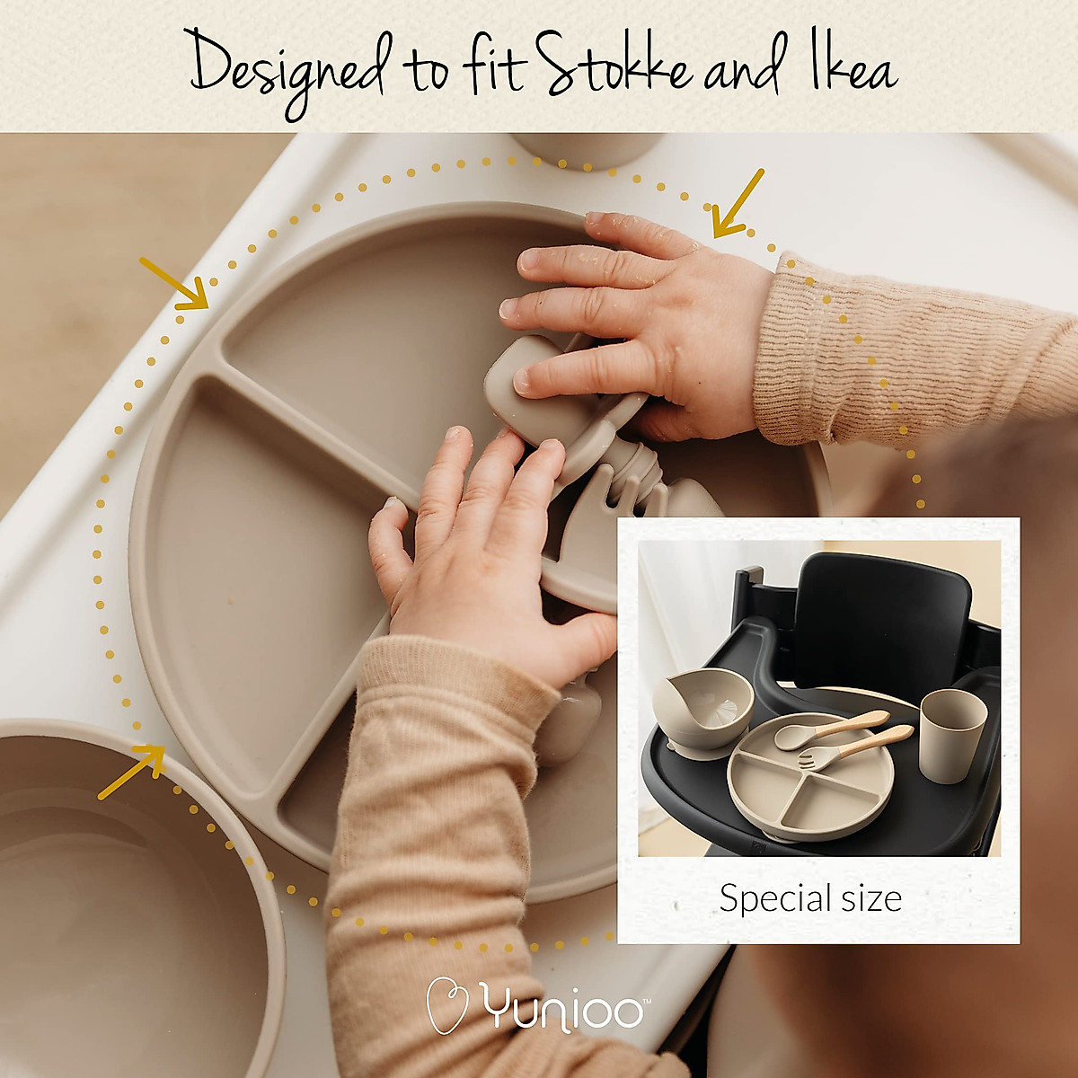 Yunioo Extra Heavy Silicone Baby Feeding Set Essentials, Premium 9-Piece Set of Baby Led Weaning Supplies with Silicone Baby Plate with Lid, Superior Suction Bowl and Baby Utensils - Beige