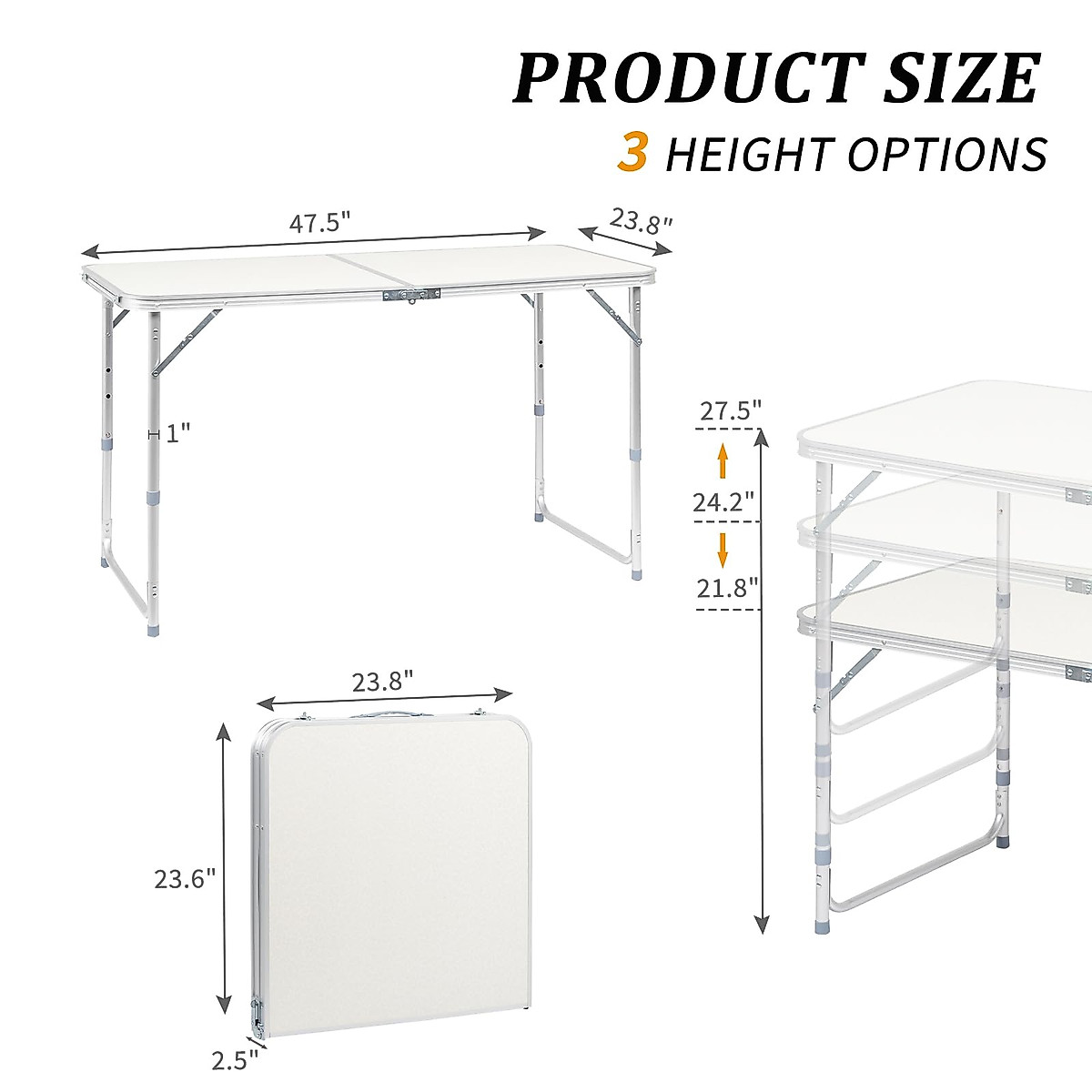 Outvita 4ft Portable Folding Camping Table, Outdoor Waterproof Adjustable Height Table, Aluminum Lightweight Suitcase Foldable Table for Picnic BBQ Beach Dining