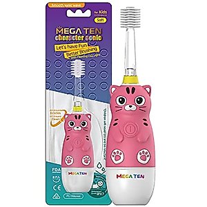 MEGA TEN 360-Degree Kids Electric Toothbrush Made in Korea | LED Light & Soft Microfiber Bristles & Comfortable Grip | Fun & Easy Brushing for Kids 12-48 Months | Built-in Timer | BPA Free | Pink Cat