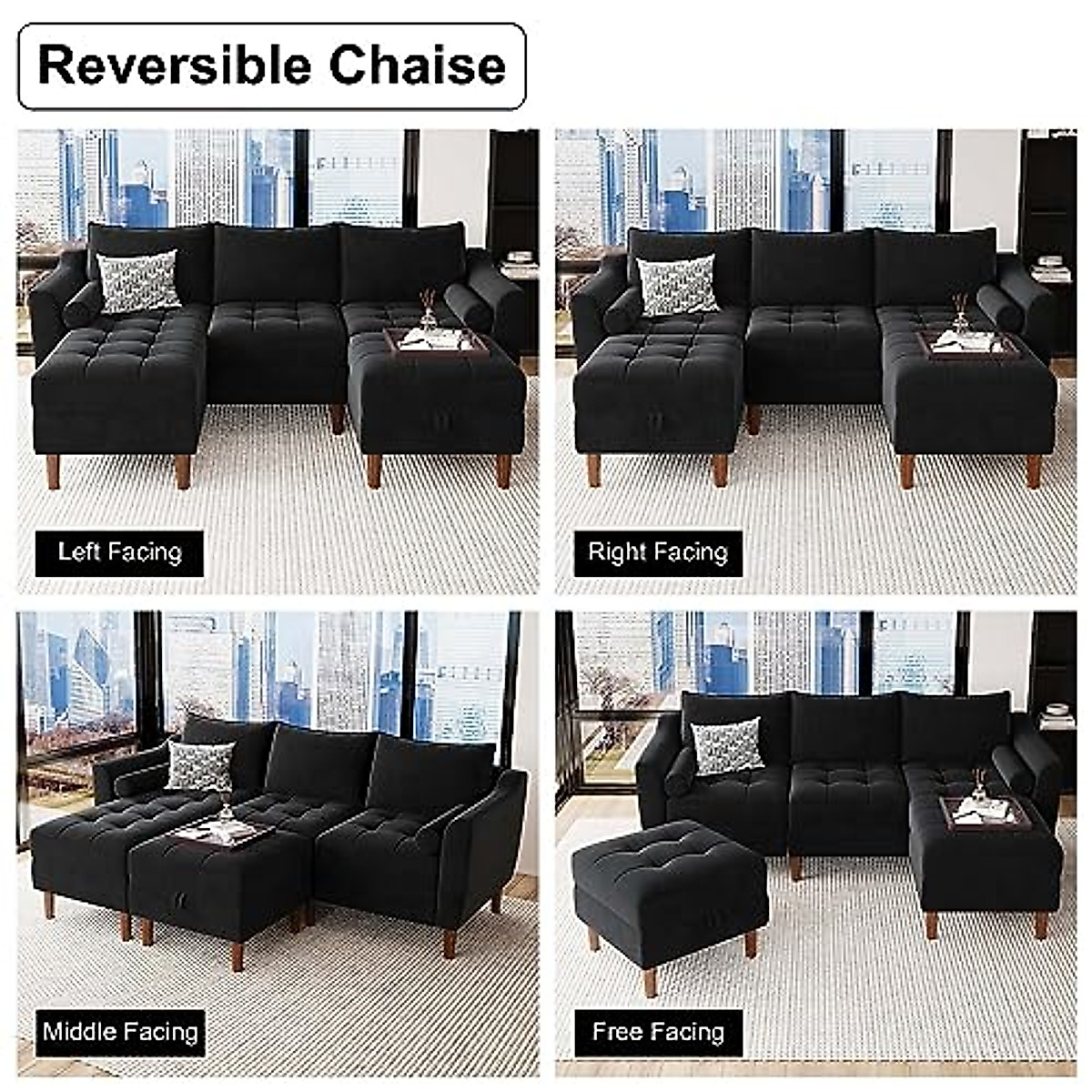Belffin Black Velvet Fabric U Shaped Sectional Couch with Chaise Small Reversible Sectional Sofa Couch 4-Seater Sectional Sofa Sleeper with Storage Ottoman Foot Rest for Apartment