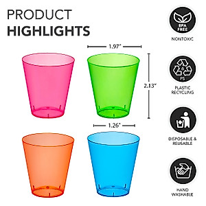 Party Essentials Hard Plastic 2-Ounce Shot/Shooter Glasses, 40-Count, Assorted Neon