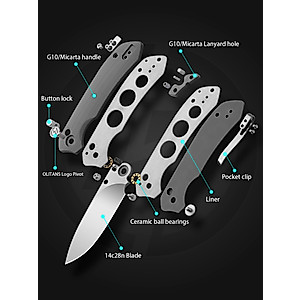 OLITANS G032 Button Lock Pocket Knife, 3.3" 14C28N Blade, folding Knife with Thumb Stud Opener for EDC 4.5oz (G10 Red+Black Blade)