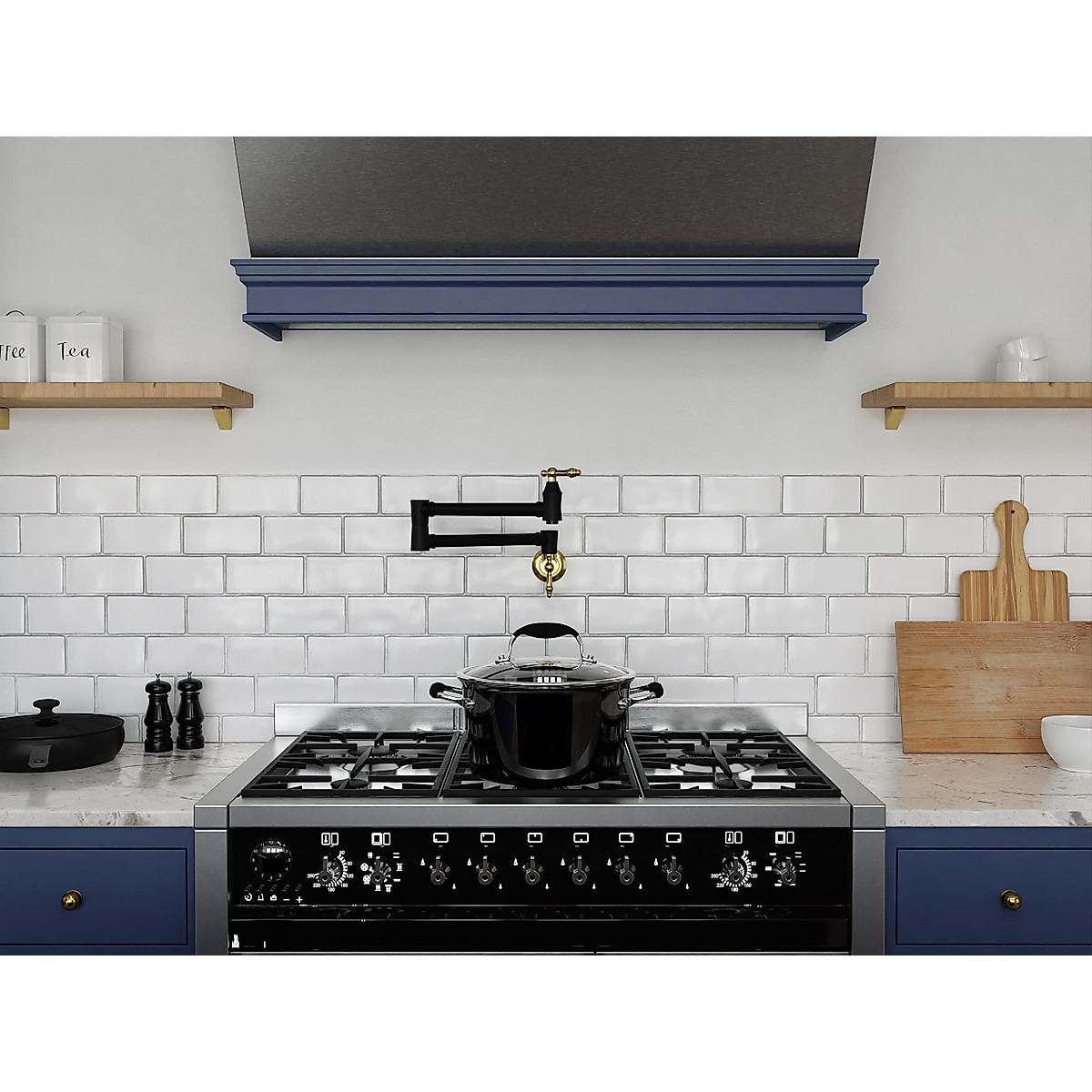 Anzzi Wall Mount Pot Filler Faucet, Double Joint Swing Arms, Single Hole, Solid Brass Interior, Stainless Steel Finish, Matte Black & Brushed Gold, 2 Handle (KF-AZ259MBBG)