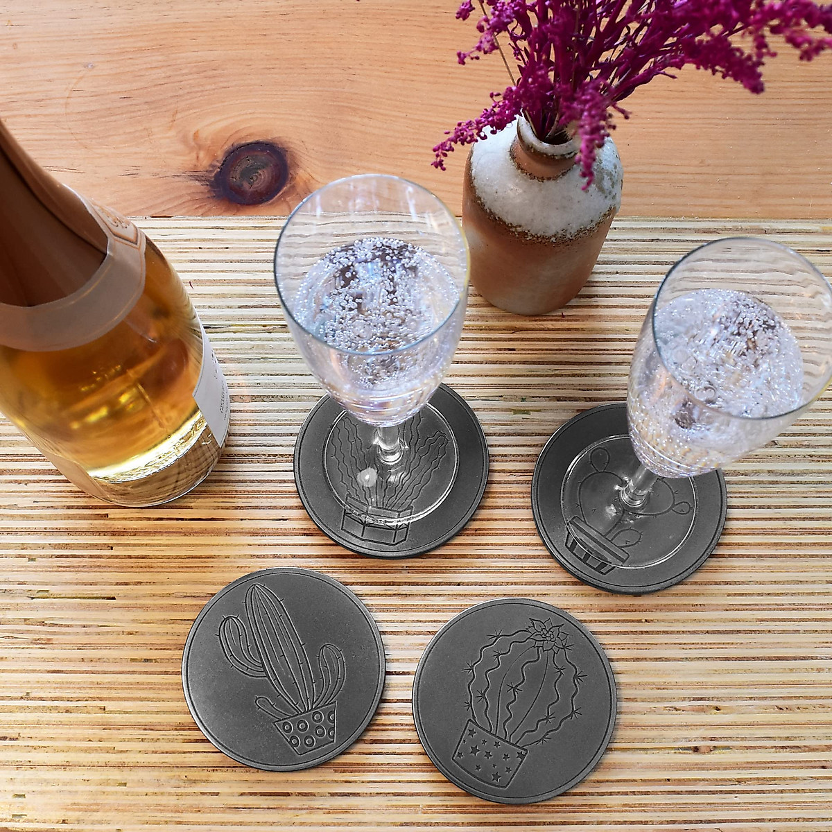 Questech Décor Coasters, Rustic Farmhouse Hosting Housewarming Gift Idea, Coasters for Coffee Table with Protective Cork Backer, Decorative Cactus Garden Design, Wrought Iron Finish, Set of 4