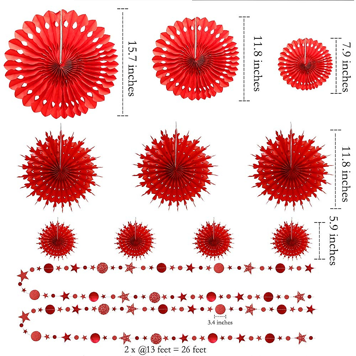 Red Party Decorations Chinese New Year Tissue Pompom Paper Fan Decor Birthday Party Garland Glitter Circle Dots Garland Steamer Banner Backdrop for Girls Wedding Valentines Day